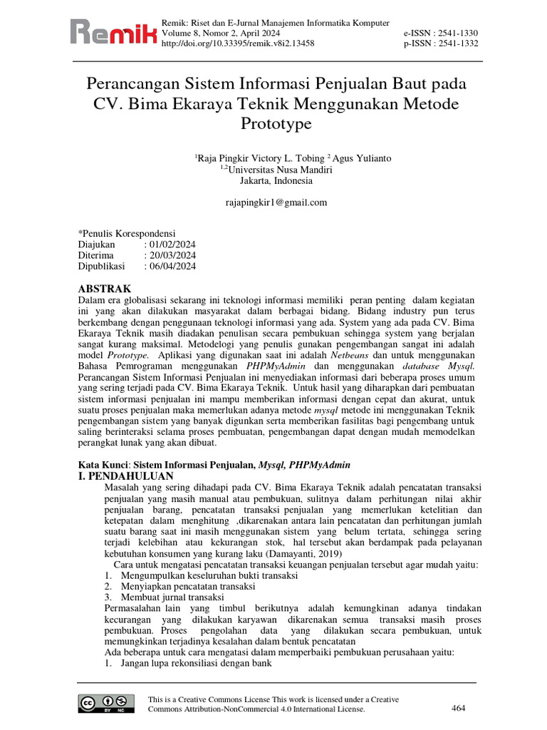 Perancangan Sistem Penjualan Baut Pada CV. Bima Ekaraya Teknik Menggunakan Metode Prototype | PDF