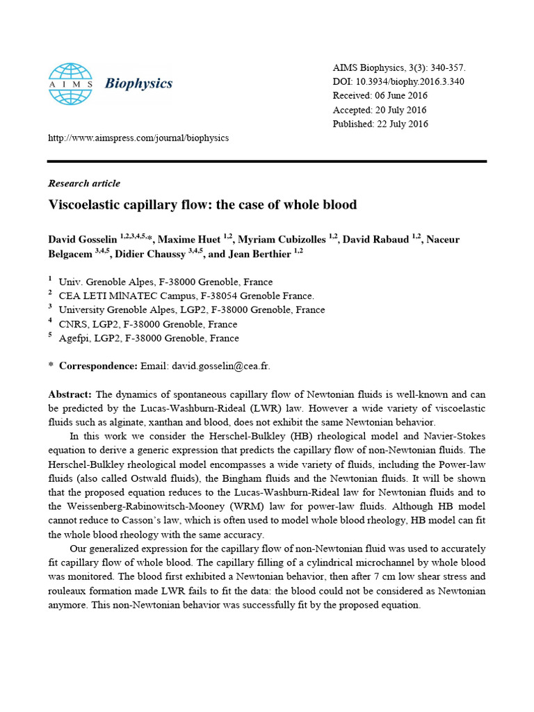 Dynamics of The Capillary Flow of A Herschel-Bulkley Fluid | PDF ...