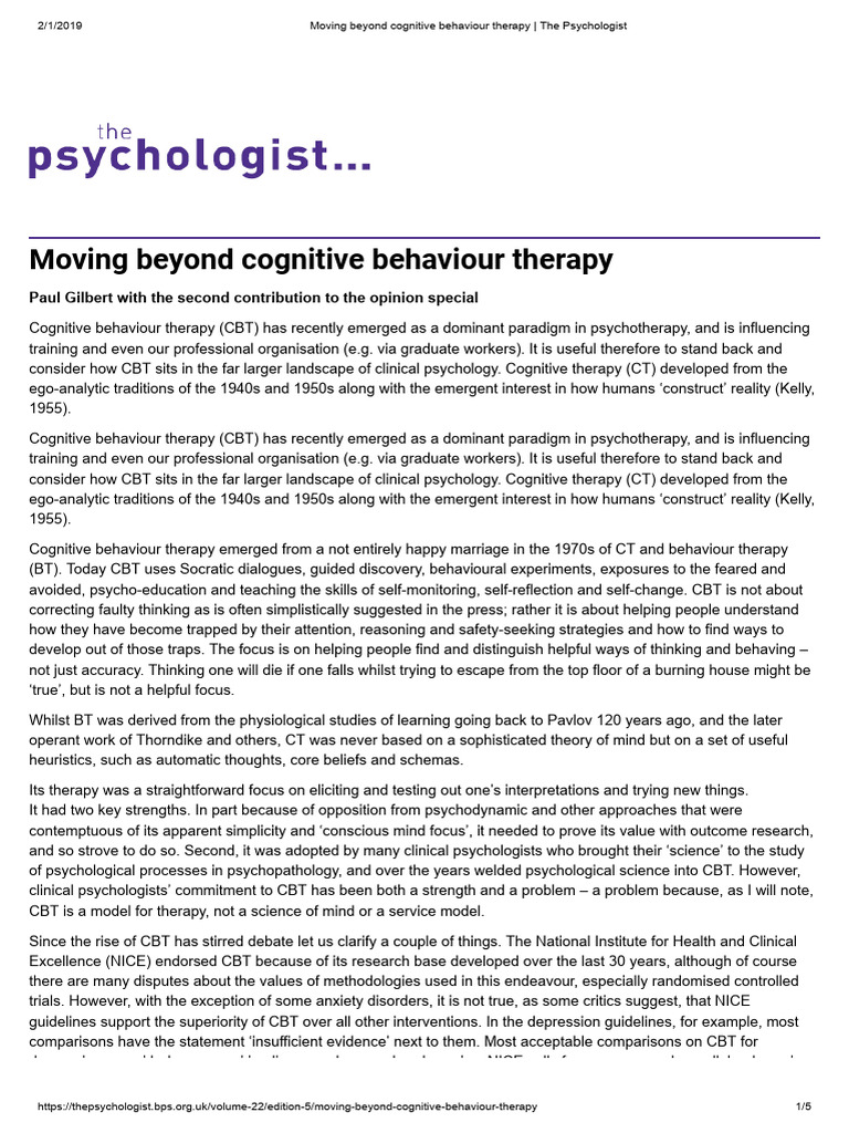 Moving Beyond Cognitive Behaviour Therapy - The Psychologist | PDF ...