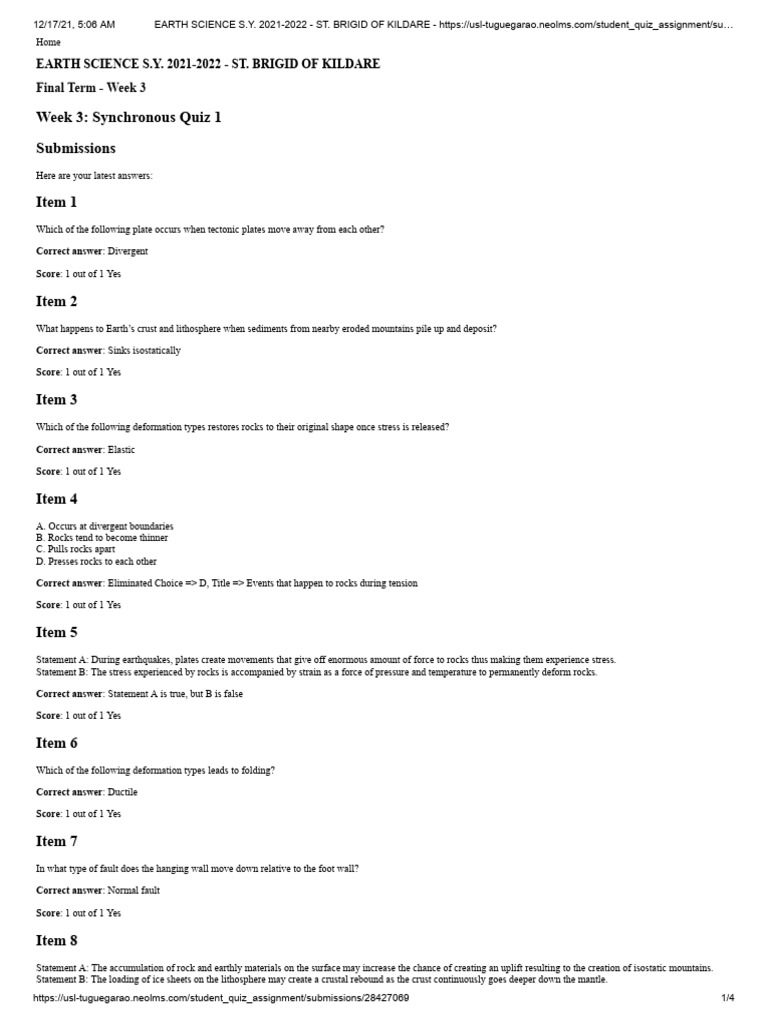 Earth Science Quiz 1 | Download Free PDF | Plate Tectonics | Fault ...