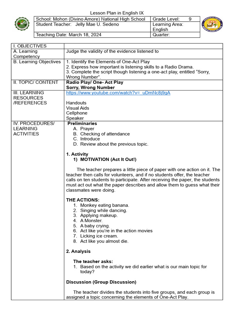 Lesson Plan Maam Merin Grade 9 | PDF | Plot (Narrative) | Play (Theatre)