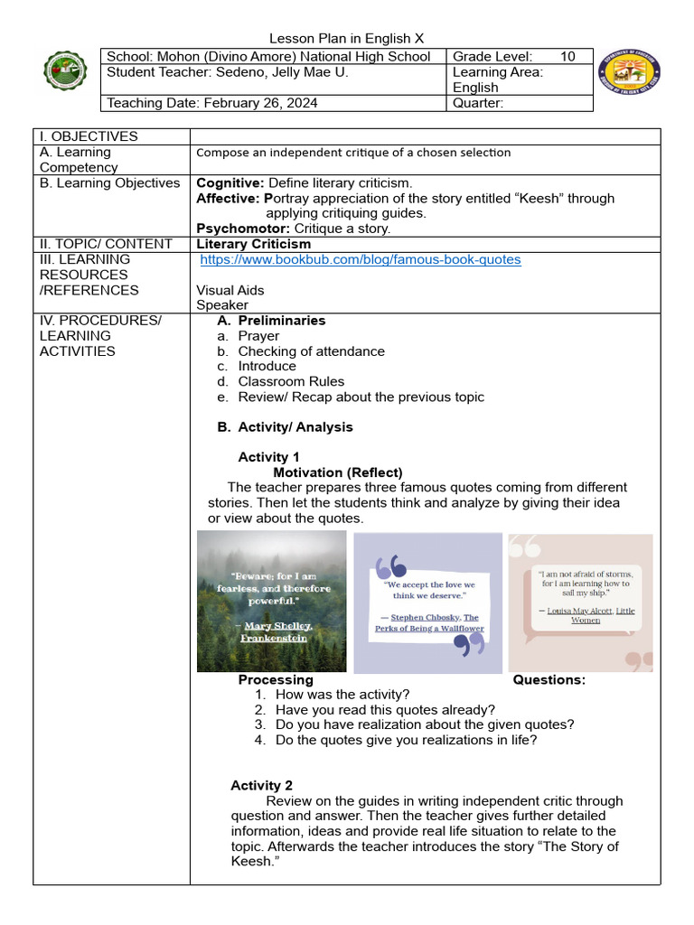 Lesson Plan G10 Sedeno | PDF | Lesson Plan | Reading Comprehension