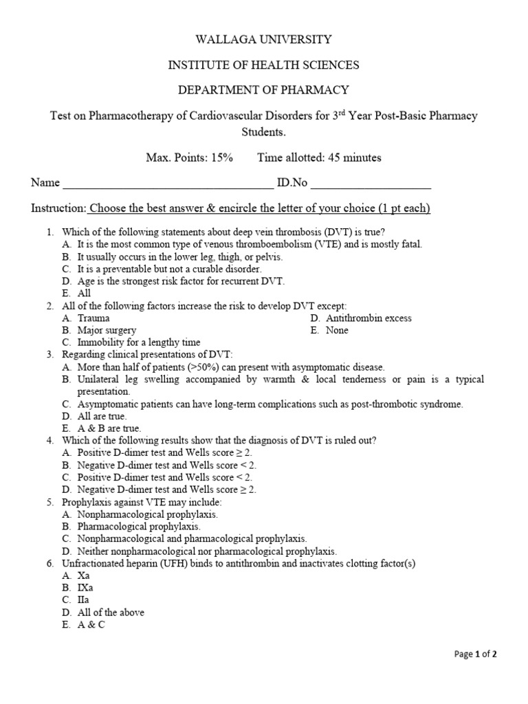 Pharmacotherapy Exam: CVD Disorders | PDF | Blood | Hematology
