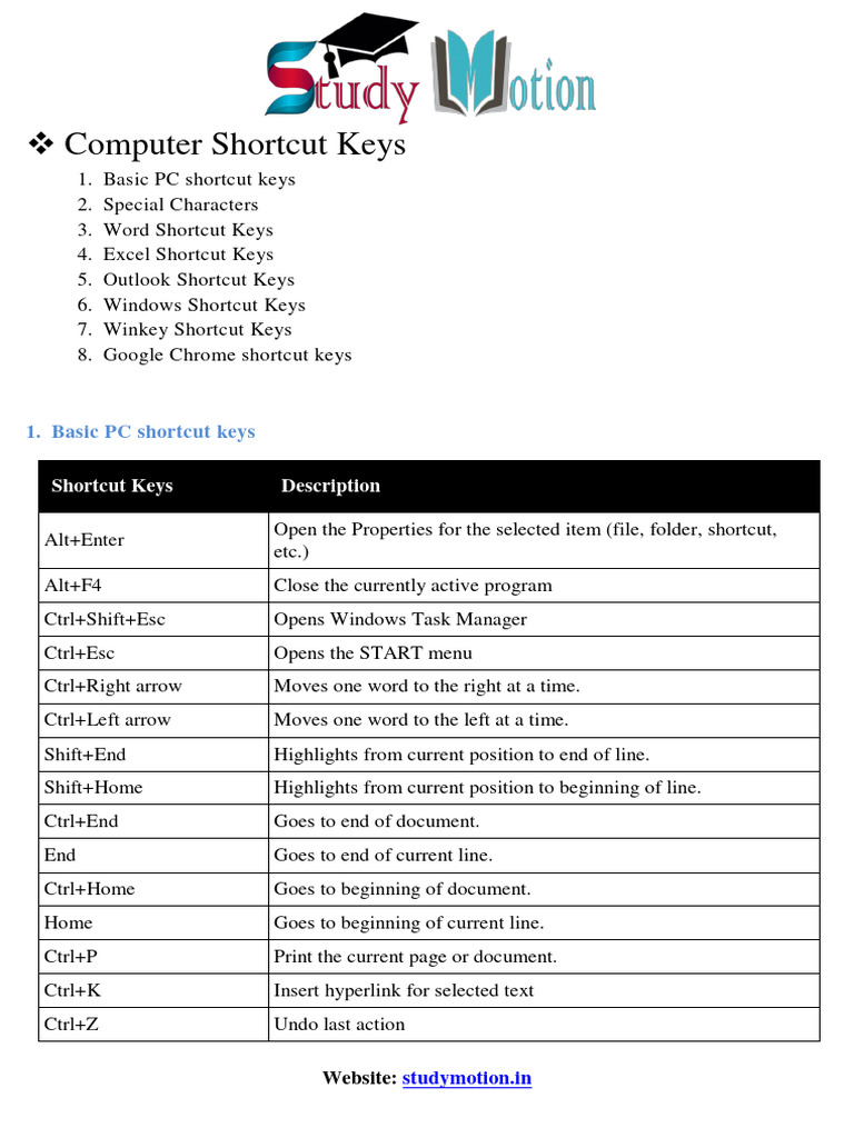 Computer Shortcut Keys - StudyMotion | PDF | Keyboard Shortcut | Window (Computing)