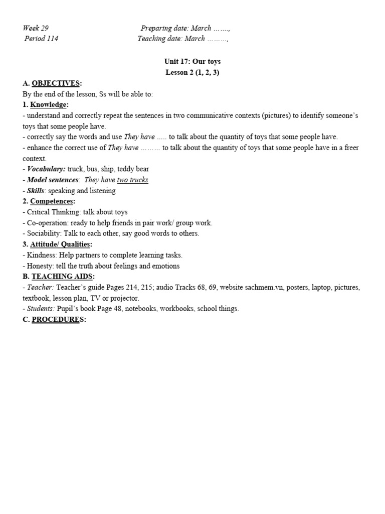 Unit 17 Lesson 2 123.KHDH | PDF | Teachers | Toys