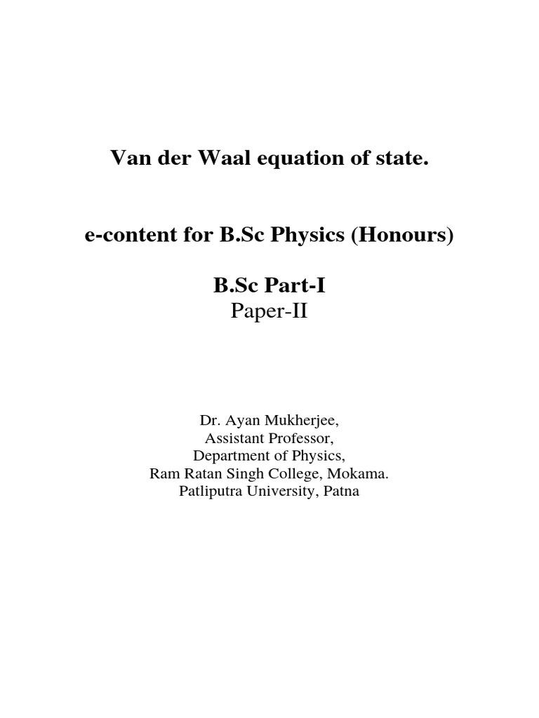 Van der Waals Equation of State Explained | PDF | Gases ...