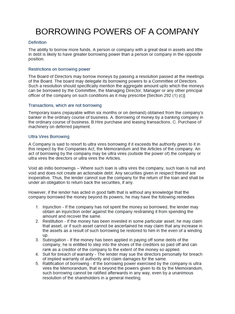 Company Borrowing Powers Explained | PDF | Debt | Loans