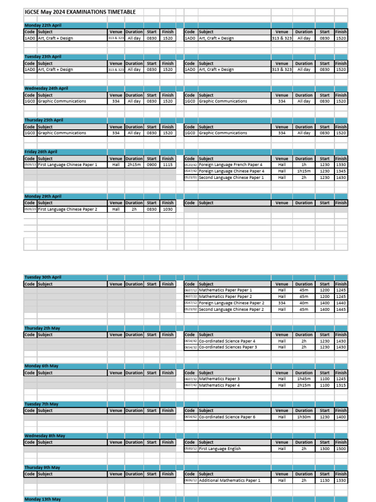 IGCSE May 2024 Exam Timetable | PDF