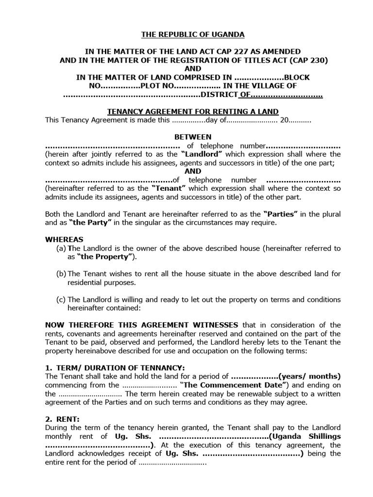 Uganda Tenancy Agreement Template | PDF | Leasehold Estate | Landlord