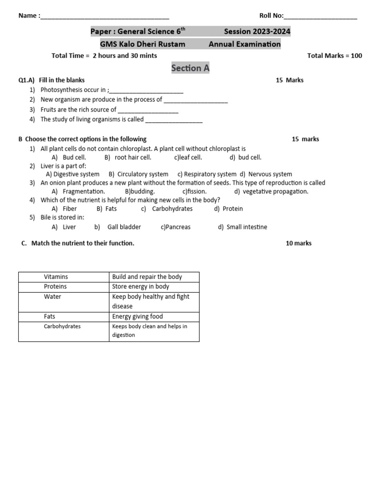 General Science 6th Exam Paper 2023-24 | PDF | Plants | Biology