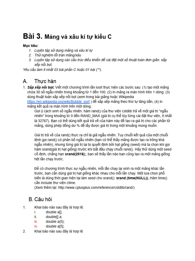 Mảng và xâu kí tự kiểu C: A. Thực hàn | PDF