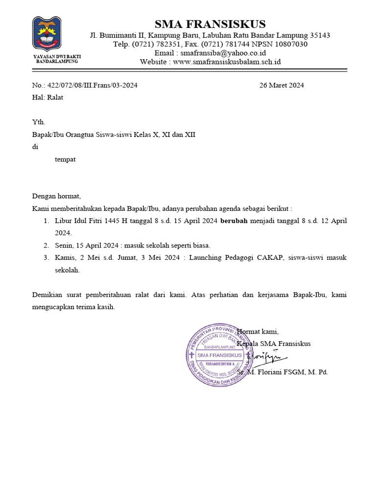 Ralat Pemberitahuan Libur Sekolah | PDF