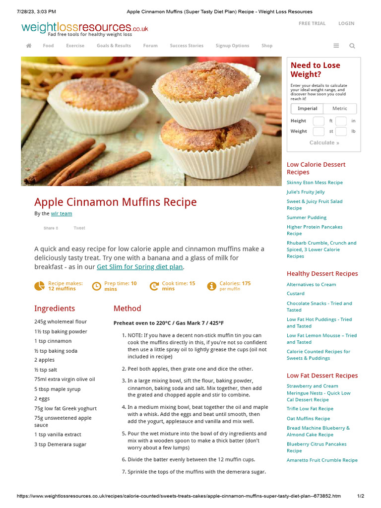 Apple Cinnamon Muffins (Super Tasty Diet Plan) Recipe - Weight Loss Resources | PDF | Muffin ...