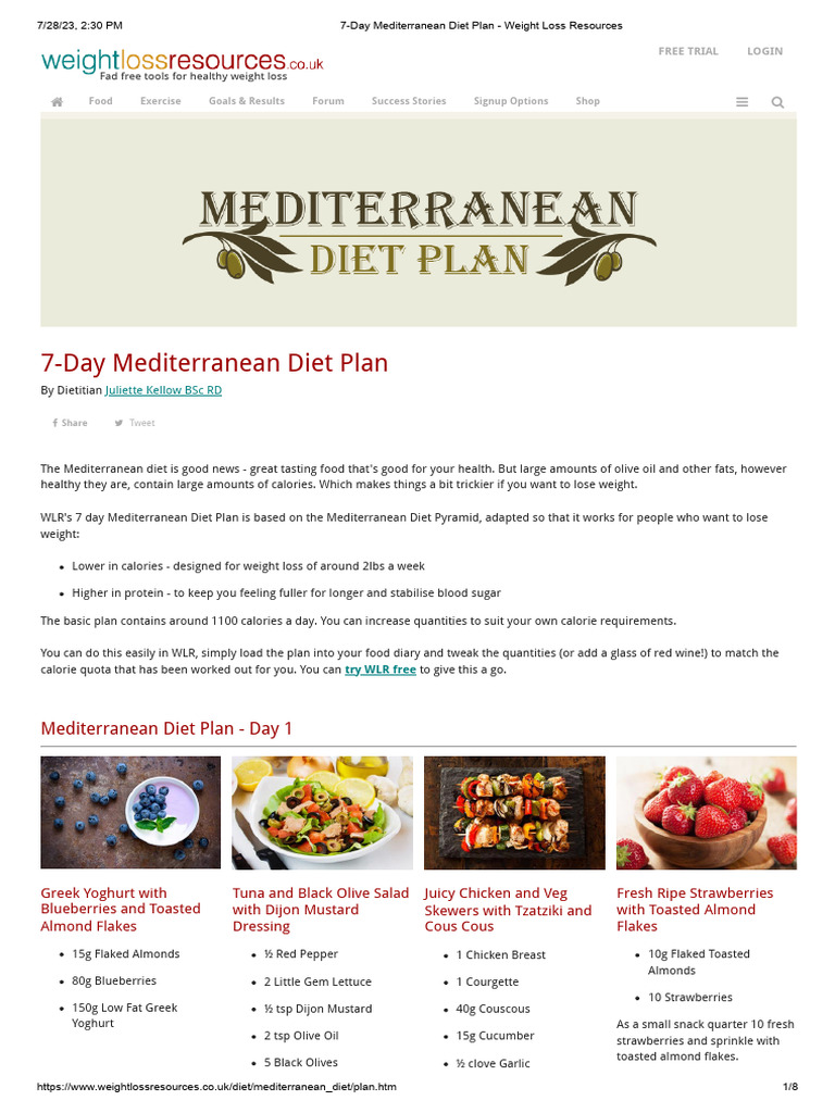 7 Day Mediterranean Diet Plan Weight Loss Resources Pdf 3273