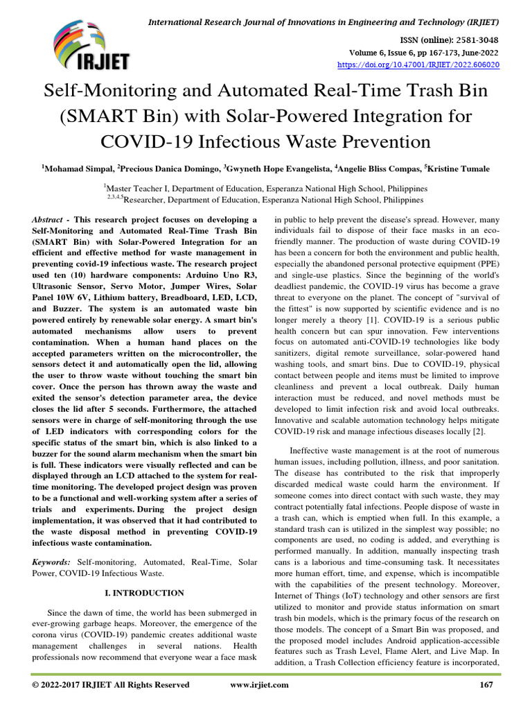 Self-Monitoring and Automated Real-Time Trash Bin (SMART Bin) With Solar-Powered Integration For ...