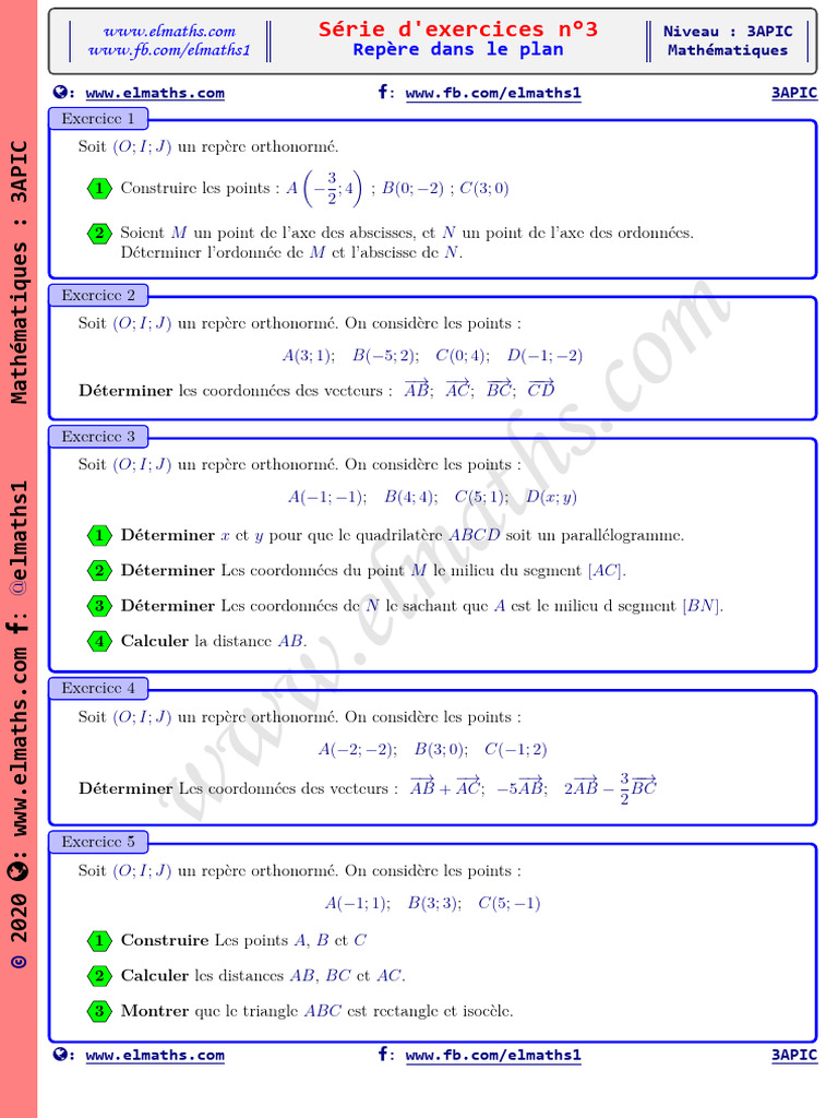 Exercices Mathématiques 3APIC | PDF | Coordonnées cartésiennes | Géométrie différentielle
