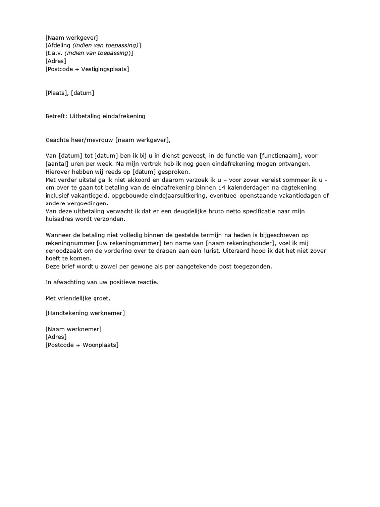 Voorbeeldbrief Verzoek Eindafrekening | PDF