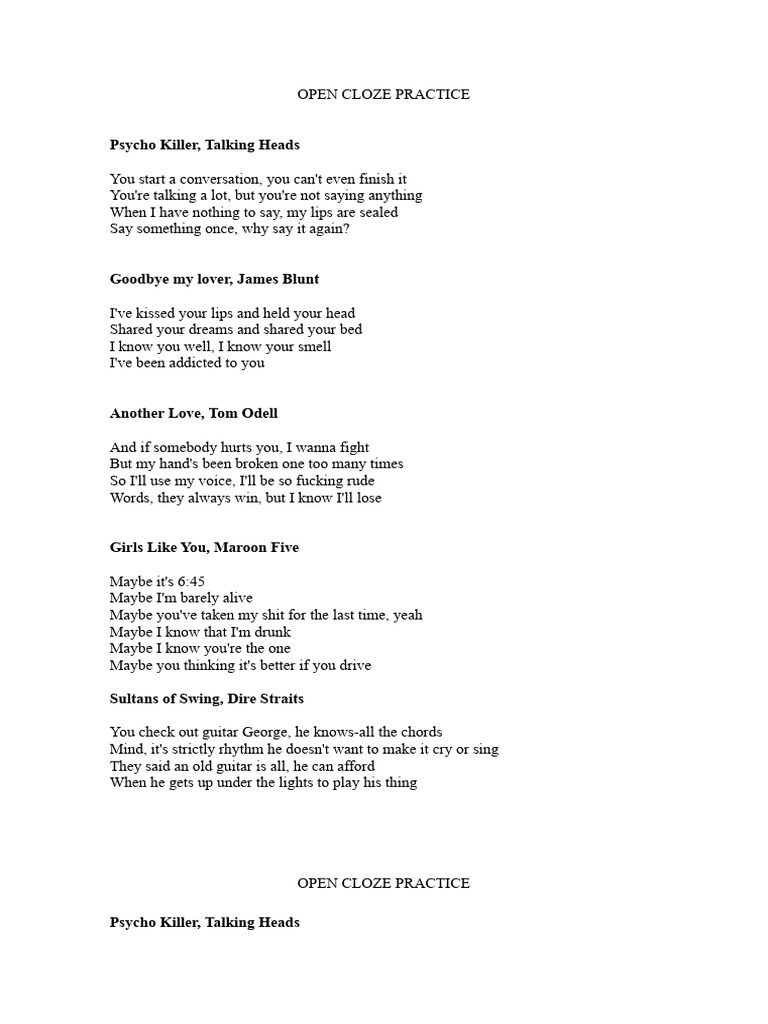 Open Cloze Songs Practice | PDF