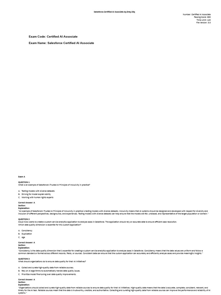 Salesforce Certified Ai Associate By Dray 33q Pdf Artificial