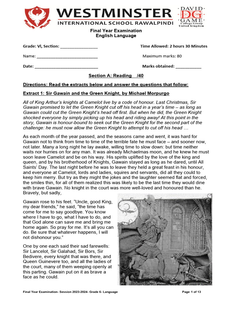 Grade 6 - Final Year Examination - English Language | PDF | Gawain | Knight