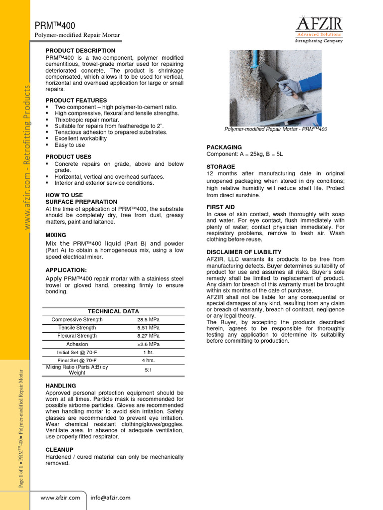 Polymer Modified Repair Mortar PRM™400 Afzir Strengthening Solutions ...
