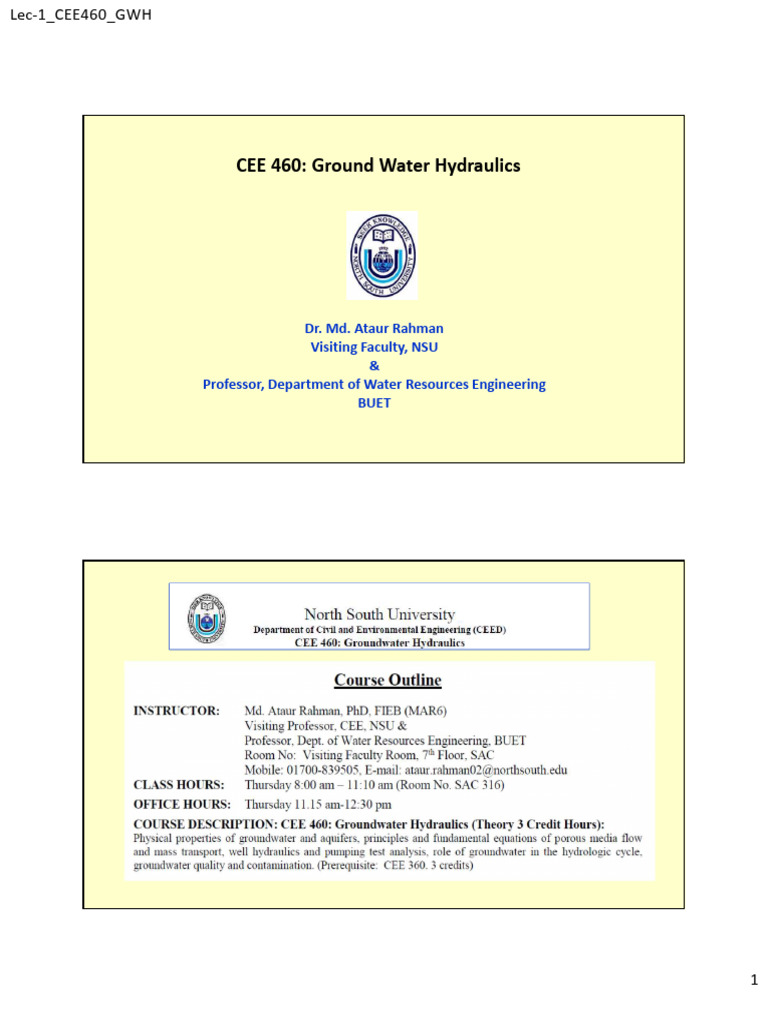 Lec 1 - CEE460 GWH | PDF | Groundwater | Aquifer