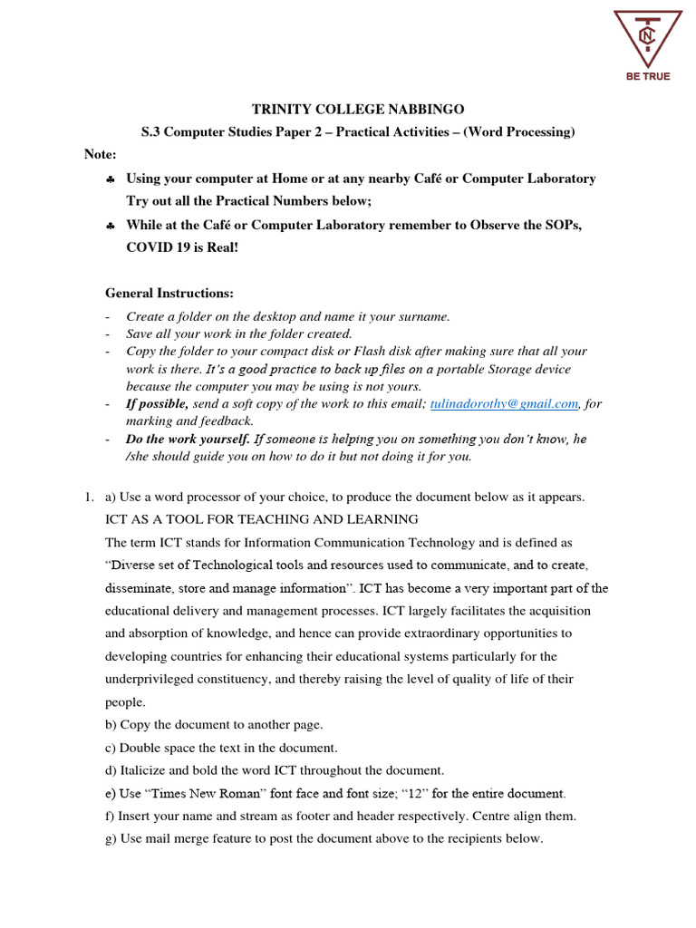 S.3 COMPUTER STUDIES Word Processing Practical Activities 7th July 2021 ...