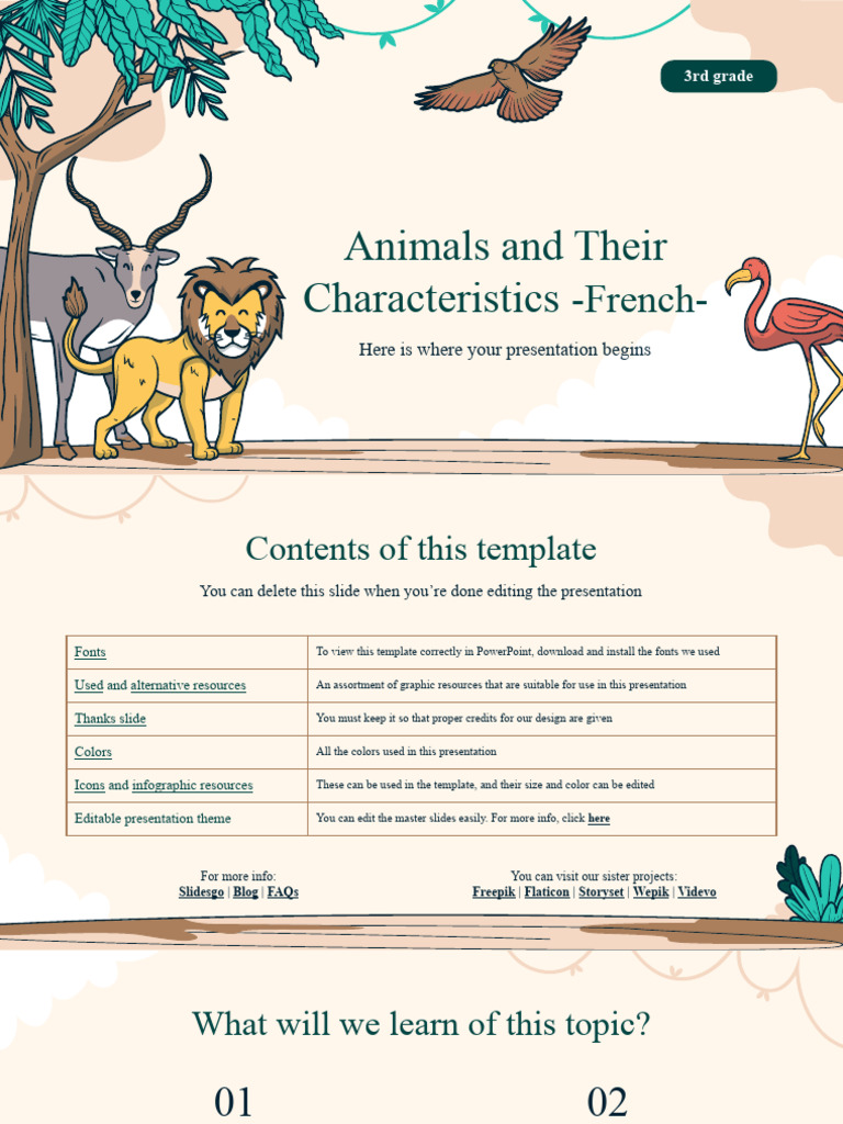 Animals and Their Characteristics - French - 3rd Grade by Slidesgo | PDF