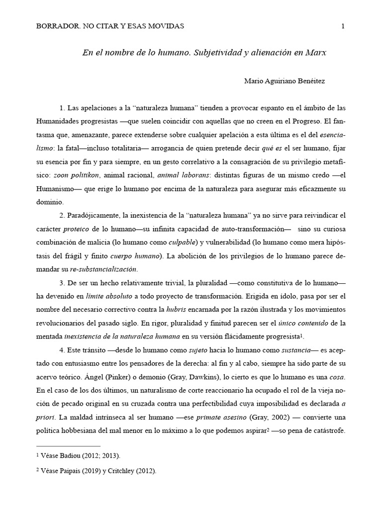 En El Nombre de Lo Humano Subjetividad y Alienación en Marx. Mario ...