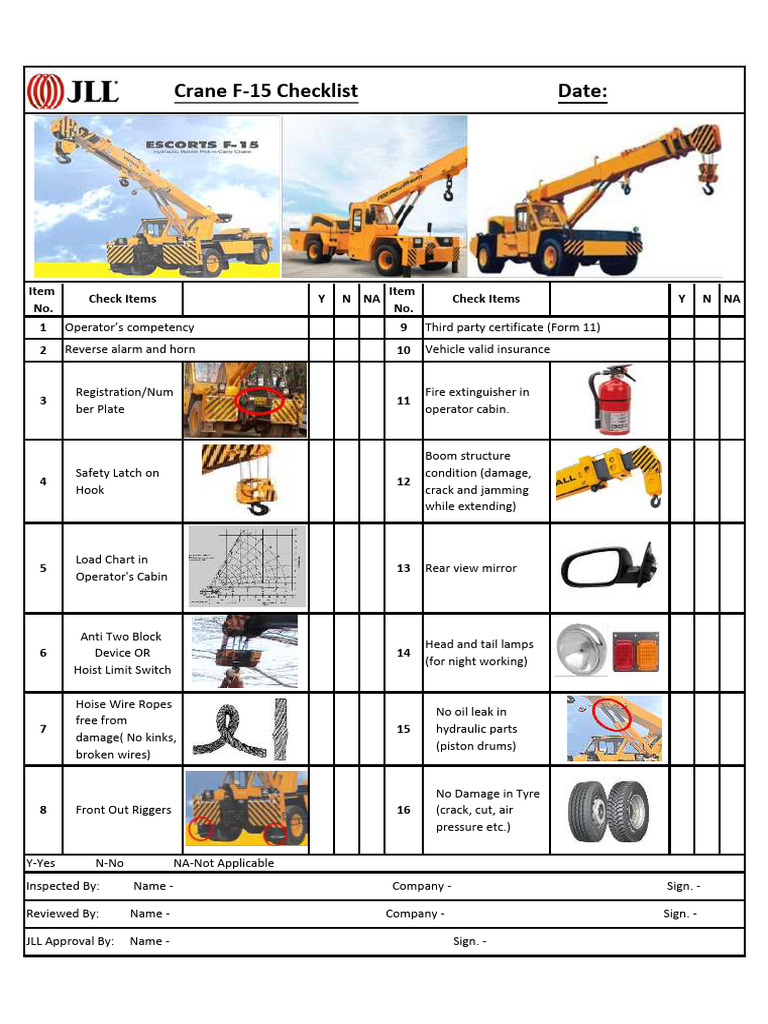 Pick and Carry Crane (F15) Checklist | PDF | Crane (Machine) | Transport