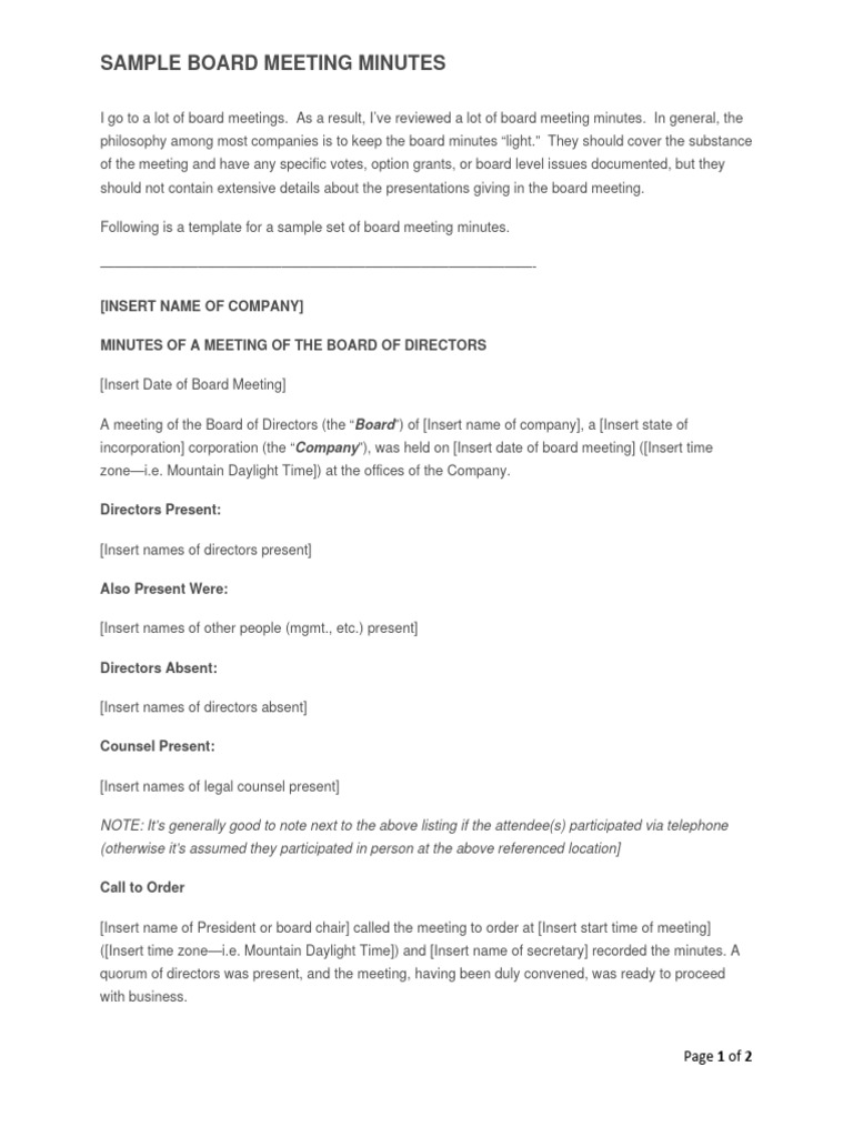 Sample Board Meeting Minutes Template | PDF | Government