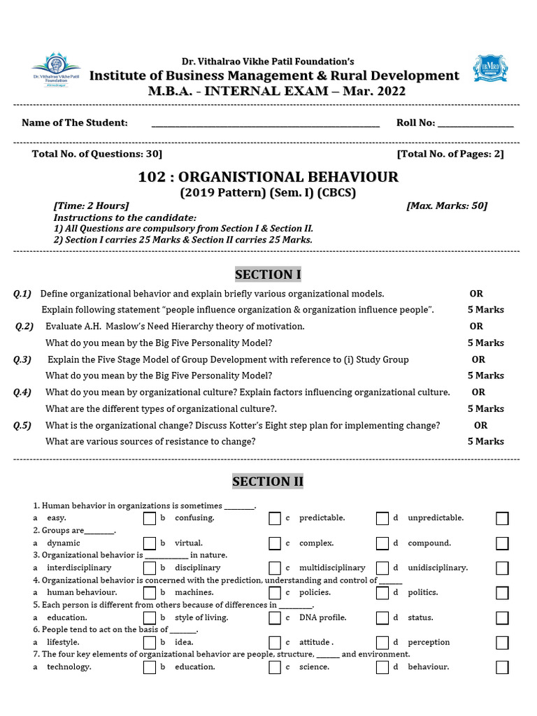 OB Question Paper Mar 2022 | PDF | Motivation | Motivational