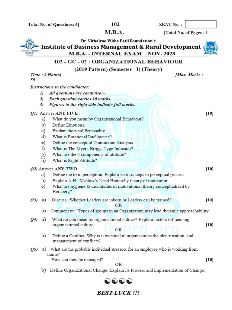 OB Question Paper Nov2023 | PDF | Organizational Behavior | Cognition