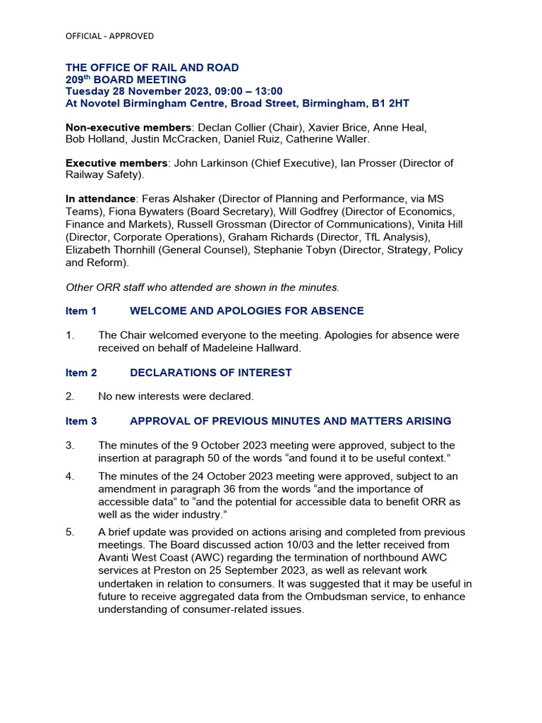 ORR 209th Board Meeting Summary | PDF | Business