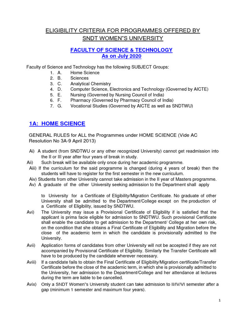 Eligibility Criteria For All Programmes Under Faculty of Science and Technology | PDF ...
