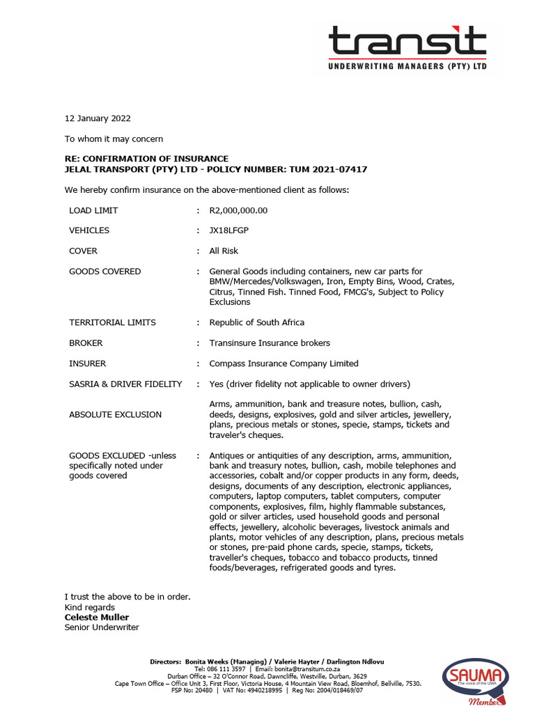 Re: Confirmation of Insurance Jelal Transport (Pty) LTD - Policy Number ...