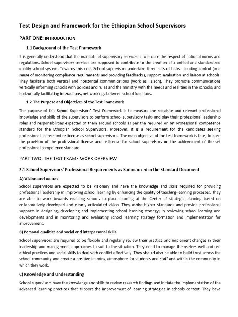 Final Test Design and Framework For The Ethiopian School Supervisors ...