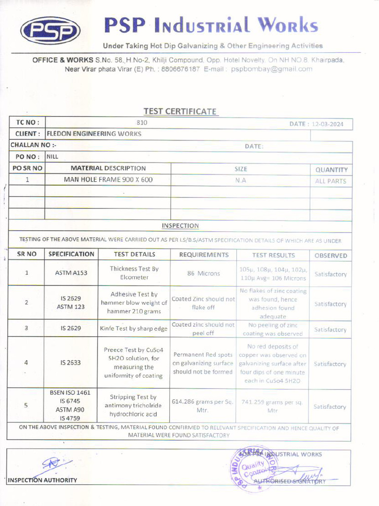 FLEDON GALVANIZING TEST CERTIFICATE | PDF