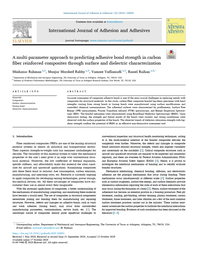 A Multi-Parameter Approach To Predicting Adhesive Bond Strength in Carbon Fiber Reinforced ...