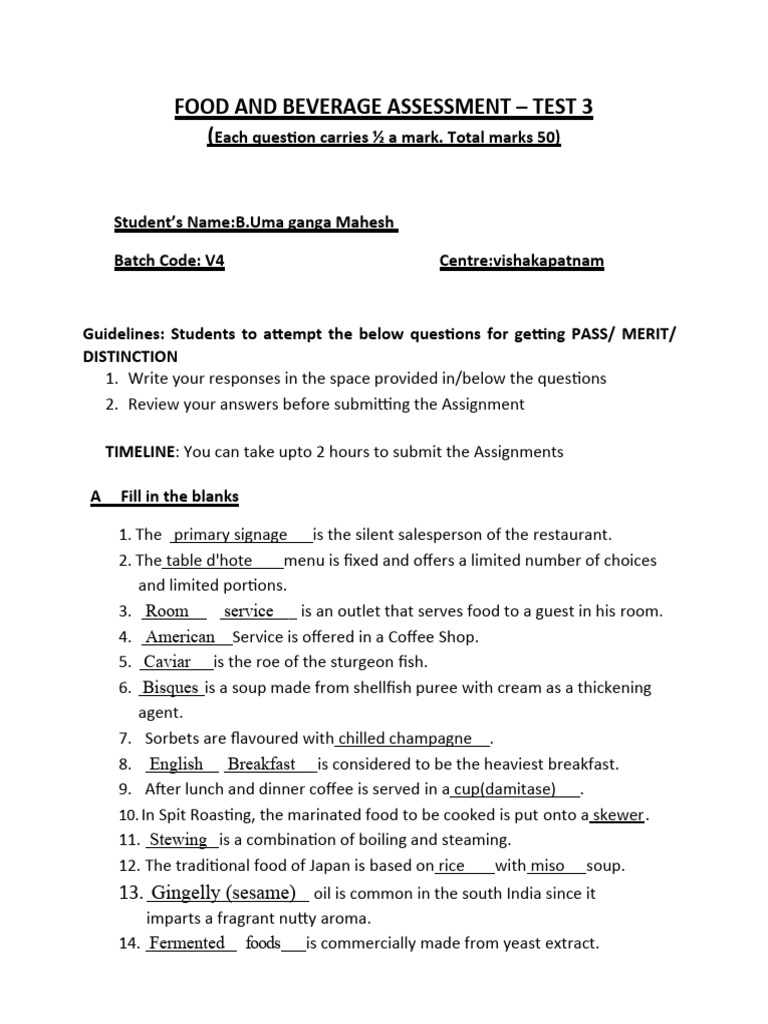 FOOD AND BEVERAGE ASSESSMENT Test B.mahesh | Download Free PDF | Sauce ...