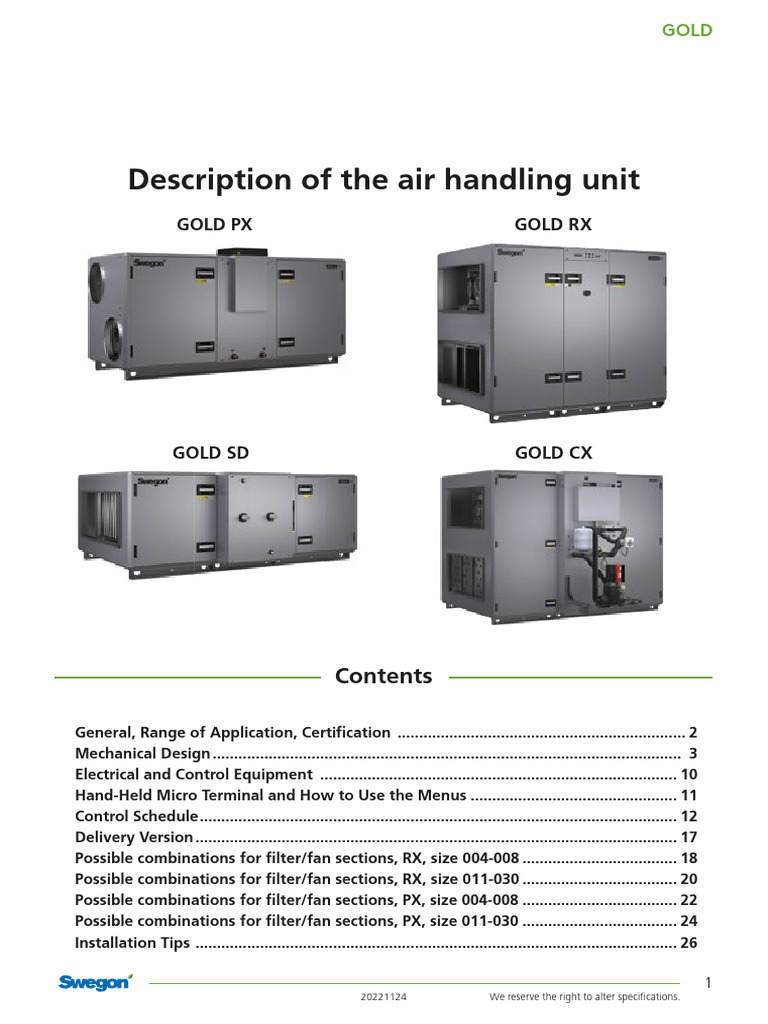 Swegon GOLD Air Handling Units Overview | PDF | Duct (Flow) | Heat ...