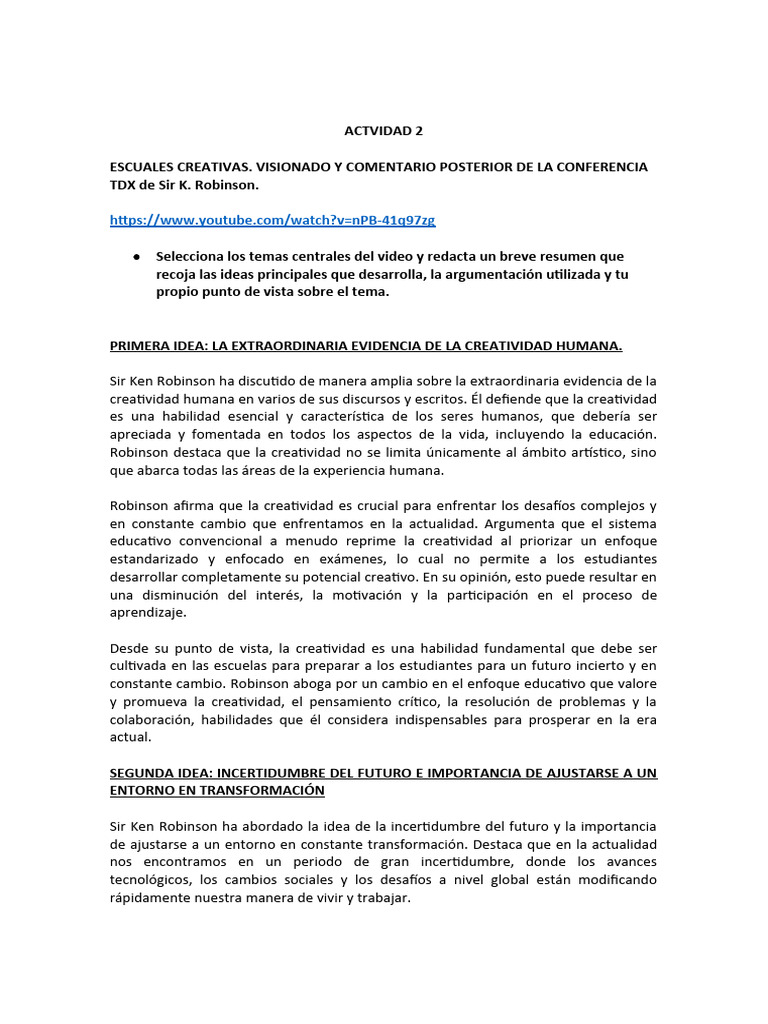 Escuelas Creativas Actividad 2 | PDF | Creatividad | Plan de estudios