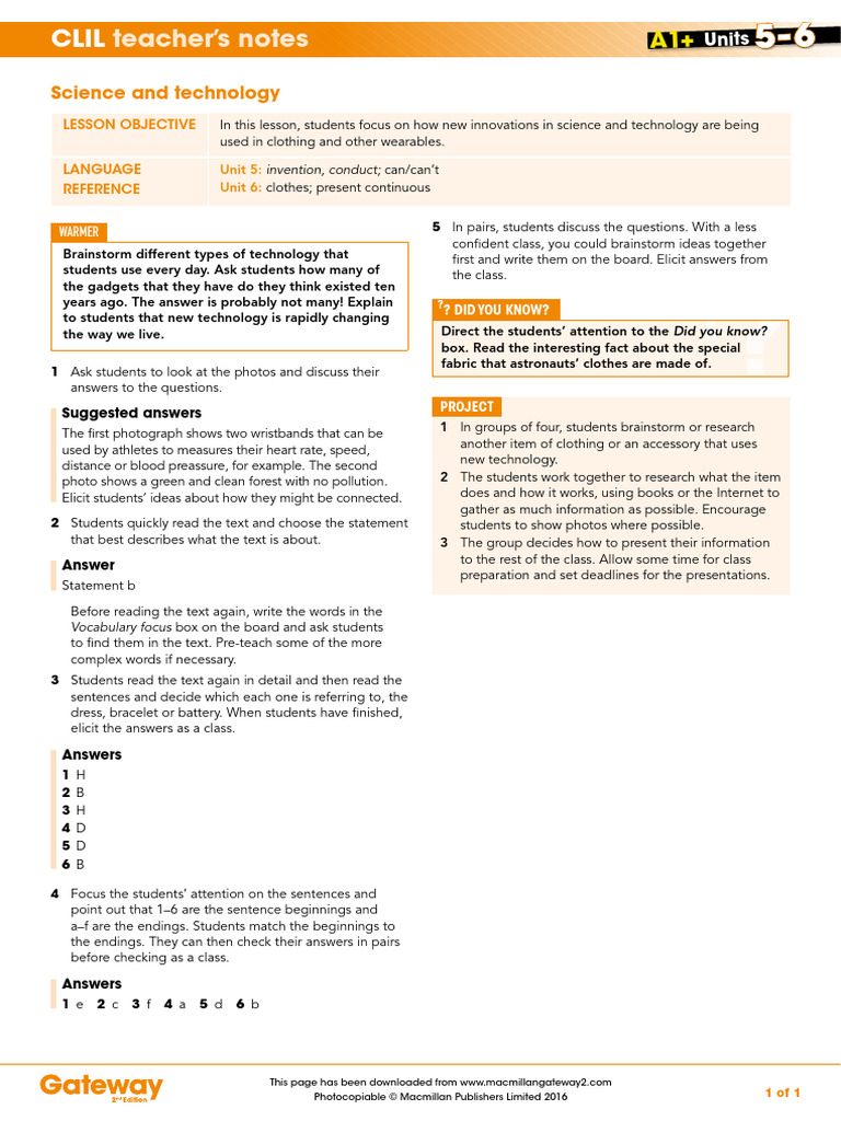 A1+ UNITS 5 and 6 CLIL Teacher's Notes | PDF | Brainstorming | Clothing