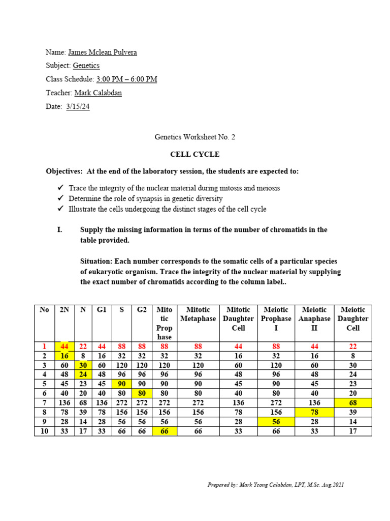 CYTOGENETICS Worksheet 2 | PDF | Meiosis | Mitosis