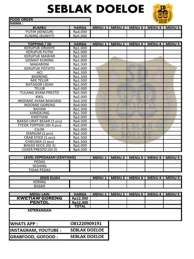 Contoh Kertas Pesanan Seblak | PDF