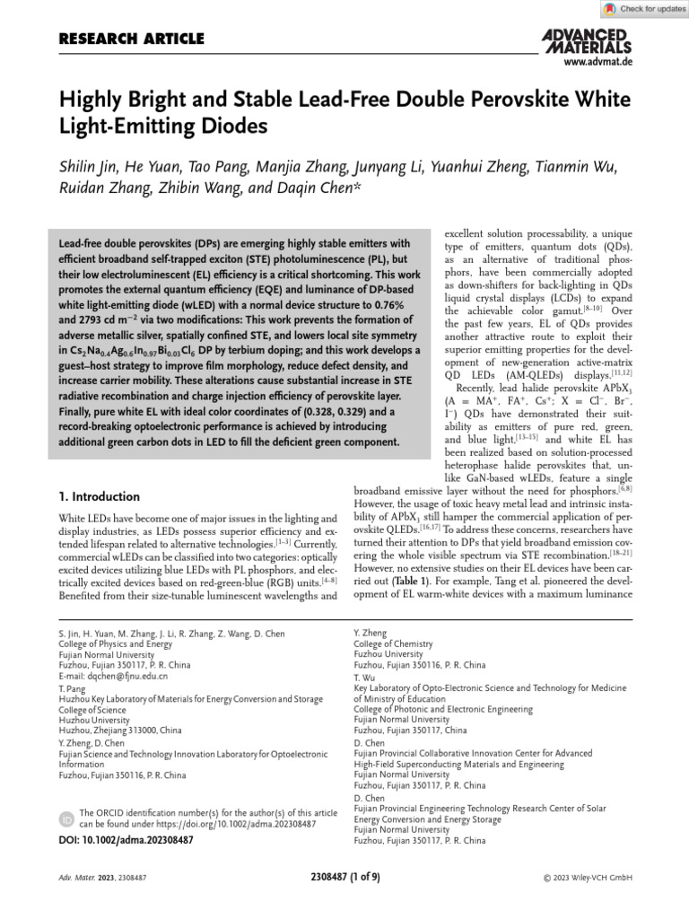 Advanced Materials - 2023 - Jin - Highly Bright and Stable Lead Free Double Perovskite White ...