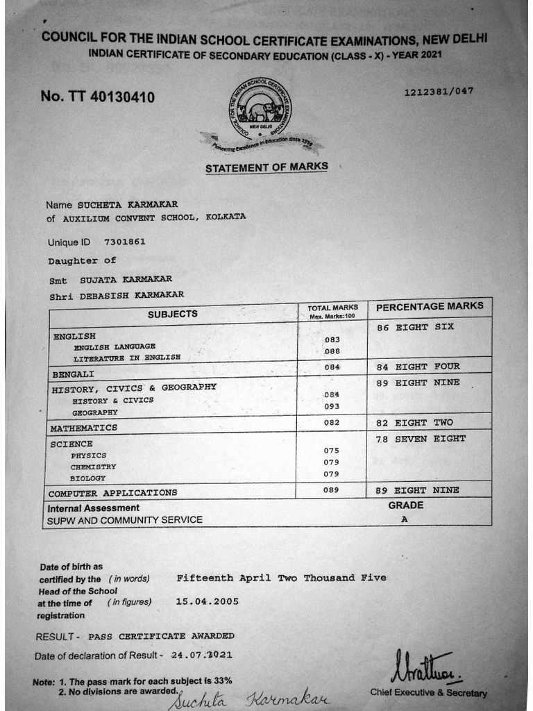 Class 10 Marksheet | PDF