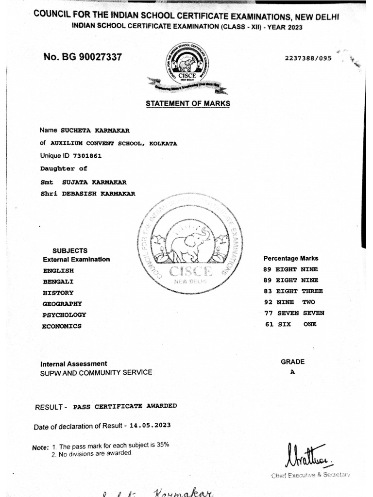 Class 12 Marksheet | PDF