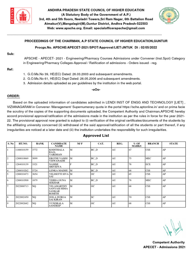 Apsche Apecet-2021 Spot Approval Liet Jntuk | PDF