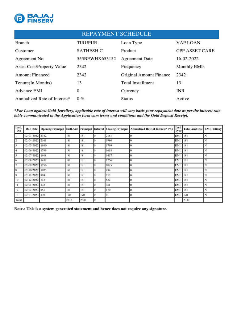 Repayment Schedule: Note-: This Is A System Generated Statement and Hence Does Not Require Any ...